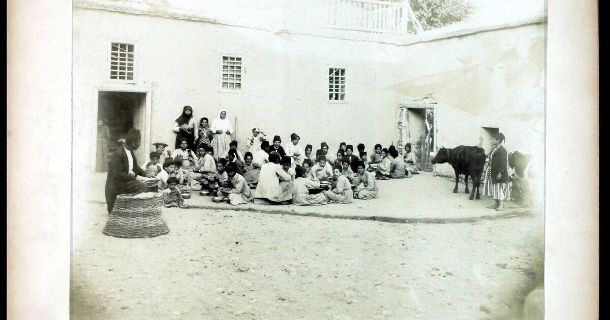 Salt Research: Harpoot, Turkey. Boys eating in yard because the silk ...