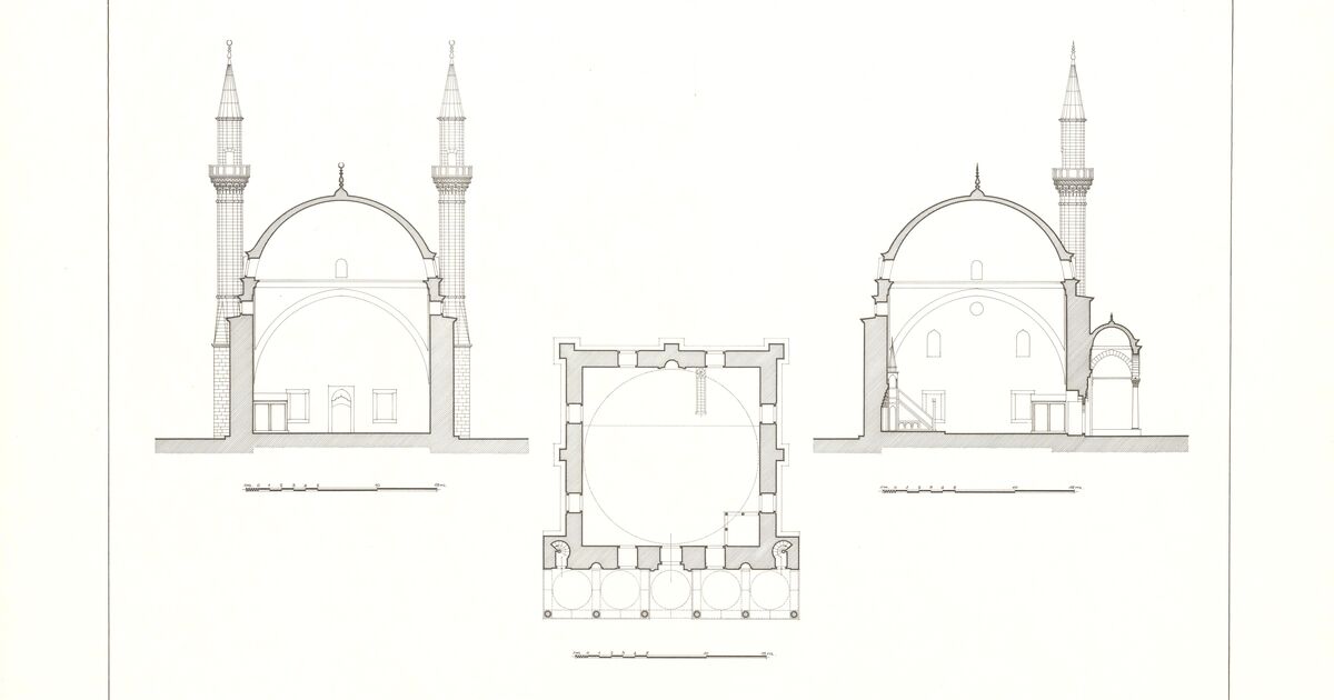 Salt Research: Konya Karapınar II. Selim Camii, plan ve kesitler, 1/100 ...